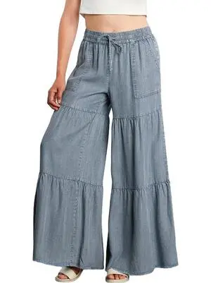 BILLY T Tiered Wide Leg Pants - Railroad Stripe Denim
