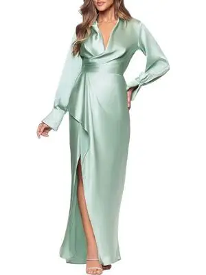 XSCAPE EVENINGS Collar Long Sleeve Satin Gown - Sage