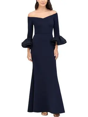 Eliza J Ruffled Off-the-shoulder Gown - Navy