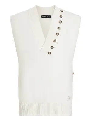 Dolce & Gabbana Wool V-neck Vest With Bejeweled Buttons - White