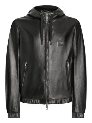 Dolce & Gabbana Leather Jacket With Hood And Branded Tag - Black