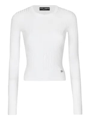 Dolce & Gabbana Ribbed Viscose Sweater With Metal Dg Logo - White