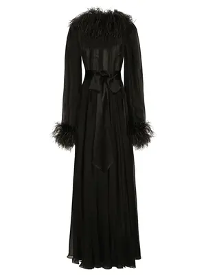 Dolce & Gabbana Long Silk Chiffon Dress With Ostrich Feather Details - Black