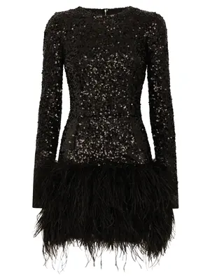 Dolce & Gabbana Sequined Dress With Feather Trim - Black