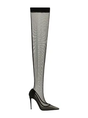 Dolce & Gabbana Stretch Tulle Thigh-high Boots With Dg Logo - Black
