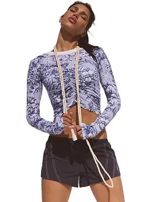 Free People FP Movement Tempo Ruched Printed Long Sleeve Blockprint Vintage Floral