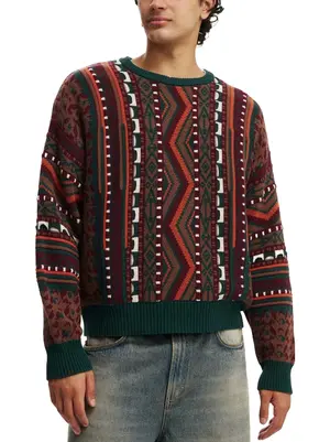 COTTON ON Garage Crew Knit Emerald Pattern