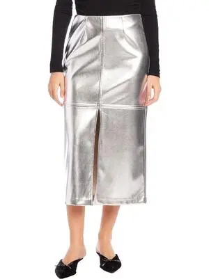 Fifteen Twenty Kaia Metallic Faux Leather Midi Skirt - Metallic Silver