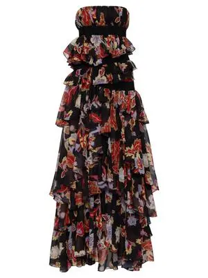 La DoubleJ Strapless Floral Print Tiered Gown - Black