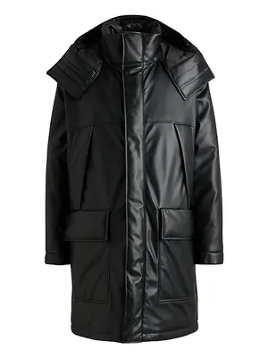 Hugo Embossed-logo Longline Faux Leather-down Jacket - Black