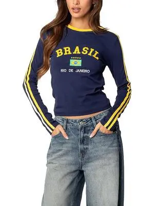 EDIKTED Brasil Embroidered Long Sleeve T-shirt - Navy