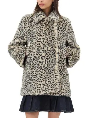 GANNI Leopard Print Faux Fur Coat - Almond Milk