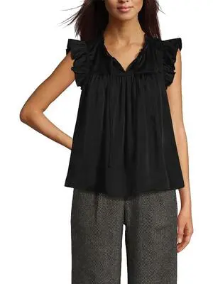LANDS' END Lands' End Split Neck Satin Ruffle Blouse Black