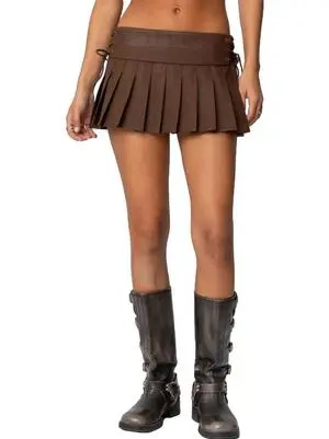 EDIKTED Pleated Low Rise Faux Leather Miniskirt - Brown