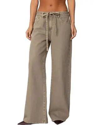 EDIKTED Hudson Oversize Tie Belt Wide Leg Jeans - Olive-washed