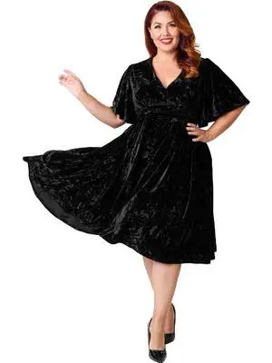 Unique Vintage Velvet Flutter Sleeve Swing Dress - Black Velvet