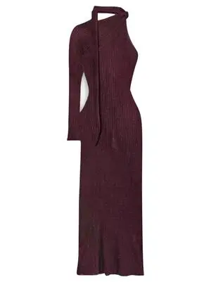 Rabanne One-sleeve Tie-detailed Metallic Plissé-knit Maxi Dress - Burgundy