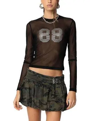 EDIKTED 88 Rhinestone Sheer Mesh Top - Black