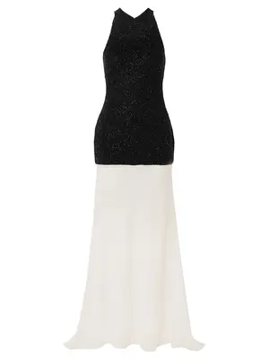 Staud Gabrielle Layered Bead-embellished Mesh And Crepe Gown - Black