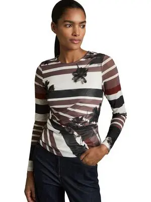 REISS Cara Ruched Stripe Top - Burgundy