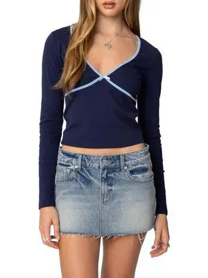 EDIKTED Corie Contrast Trim V-neck Top - Navy