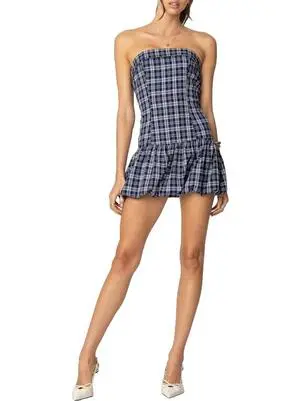 EDIKTED Plaid Strapless Mini Dress - Navy