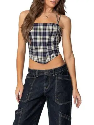 EDIKTED Leon Plaid Lace-up Corset Top - Navy