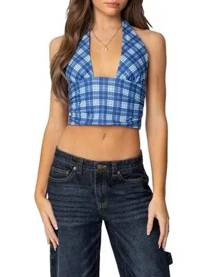 EDIKTED Plaid Crop Halter Top - Blue