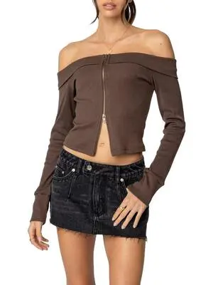 EDIKTED Clarissa Off The Shoulder Rib Top - Brown