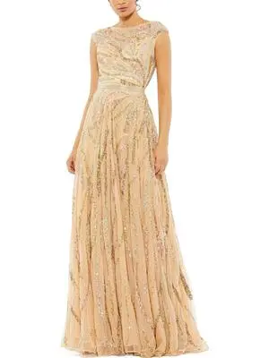 Mac Duggal Mac Duggal Sequined Boat Neck Gown Beige Multi