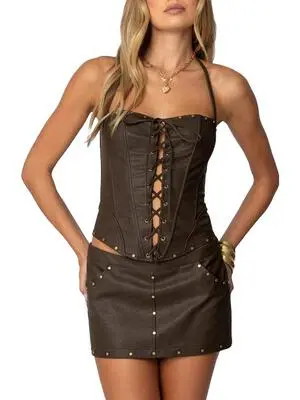 EDIKTED Stormi Faux Leather Corset Halter Top - Brown
