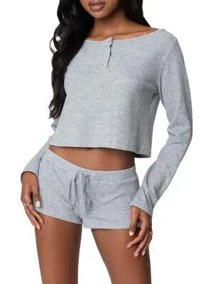 EDIKTED Teddy Waffle Knit Crop Henley - Gray-melange
