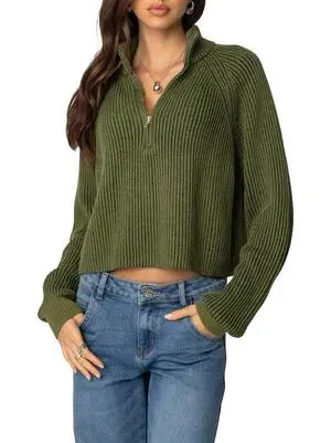 EDIKTED Rib Stitch Quarter Zip Sweater - Olive