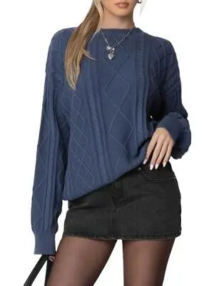 EDIKTED Jessy Oversize Cable Stitch Sweater - Blue