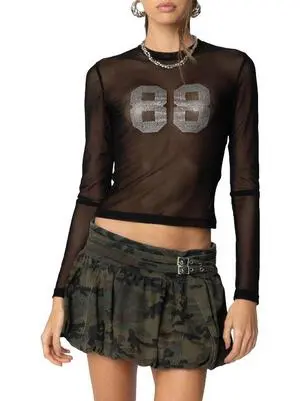 EDIKTED Rhinestone Mesh Top - Black