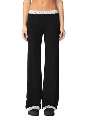 EDIKTED Domino Lace Trim Wide Leg Pants - Black