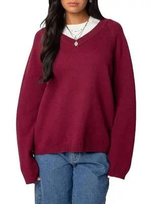EDIKTED Martha Oversize V-neck Sweater - Burgundy