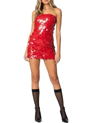 EDIKTED Samba Sequin Strapless Minidress - Red
