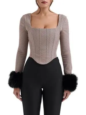 House Of Cb Antonia Microcheck Corset Top With Faux Fur Cuffs - Brown Check