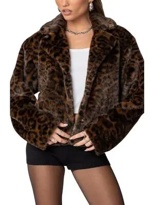 EDIKTED Lady Leopard Faux Fur Jacket - Brown