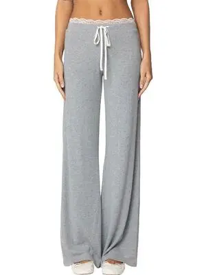 EDIKTED Peekaboo Lace Trim Knit Wide Leg Pants - Gray-melange