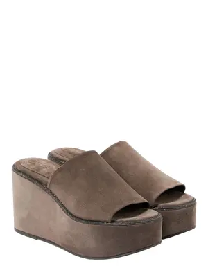 Brunello Cucinelli Monili Suede Wedge Mules - Brown