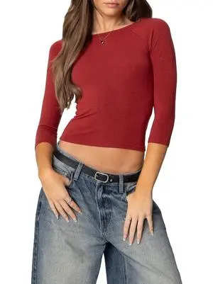 EDIKTED Mary Raglan Sleeve Crop Top - Burgundy