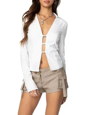 EDIKTED Triple Buckle Long Sleeve Top - White