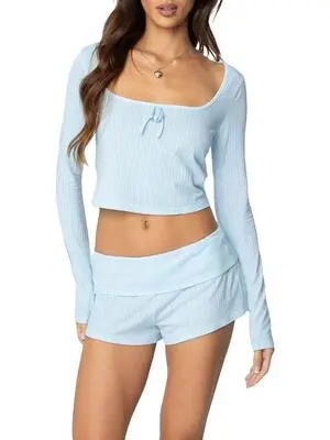 EDIKTED Lucilla Ribbed Long-sleeve Top - Light-blue