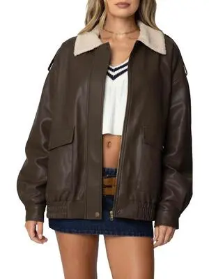EDIKTED Oversize Faux Leather Jacket With Faux Shearling Collar - Brown