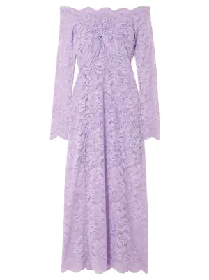 Rabanne Off-the-shoulder Twist-front Guipure Lace Midi Dress - Purple