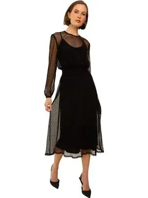 WHIMSY + ROW Greta Polka Dot Midi Dress Black Sheer Polka Dot