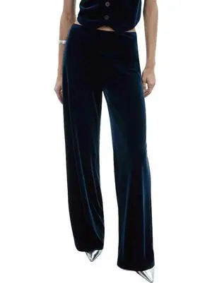 Mango Xenphant Stretch Velvet Wide Leg Pants - Night Blue