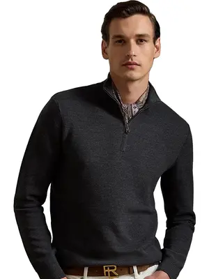 Ralph Lauren Piqué-Knit Quarter-Zip Sweater Medium Grey Melange